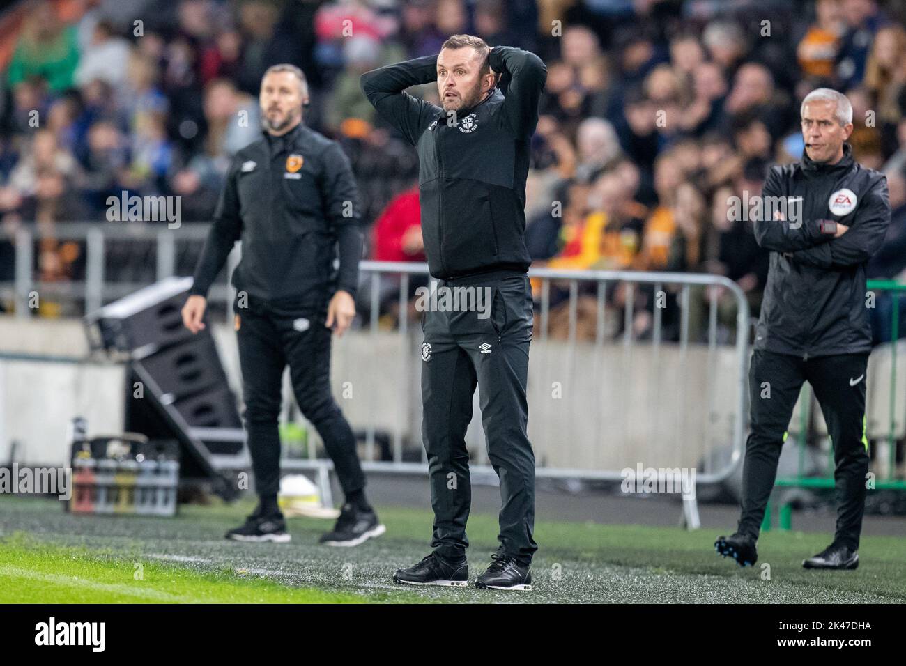A dejected Nathan Jones manager of Luton Town during the Sky Bet ...