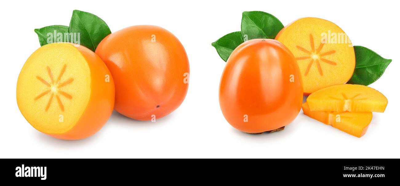 Persimmon fruit with leaves isolated on white background close-up Stock ...