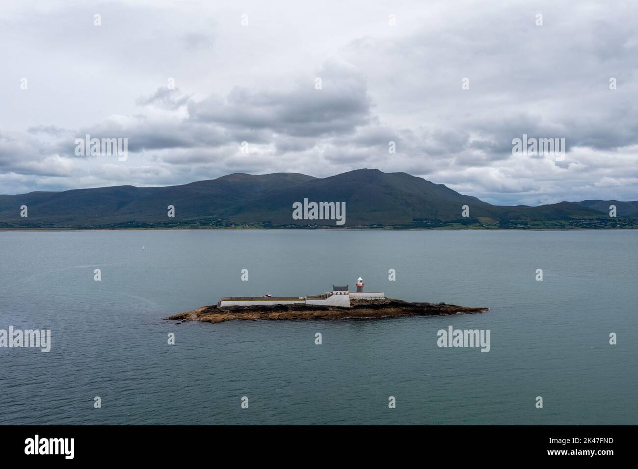 Aerial view of the historic Fenit Lighthouse on Little Samphire Island ...