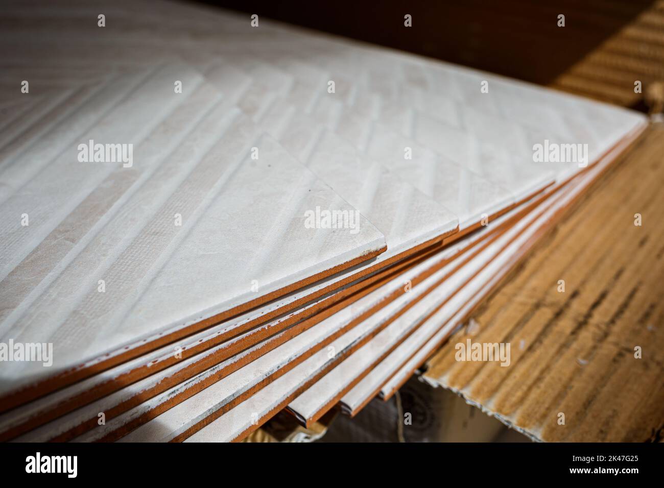 Pile of ceramic tiles in the bathroom, indoor walls. Conceptual repair ...