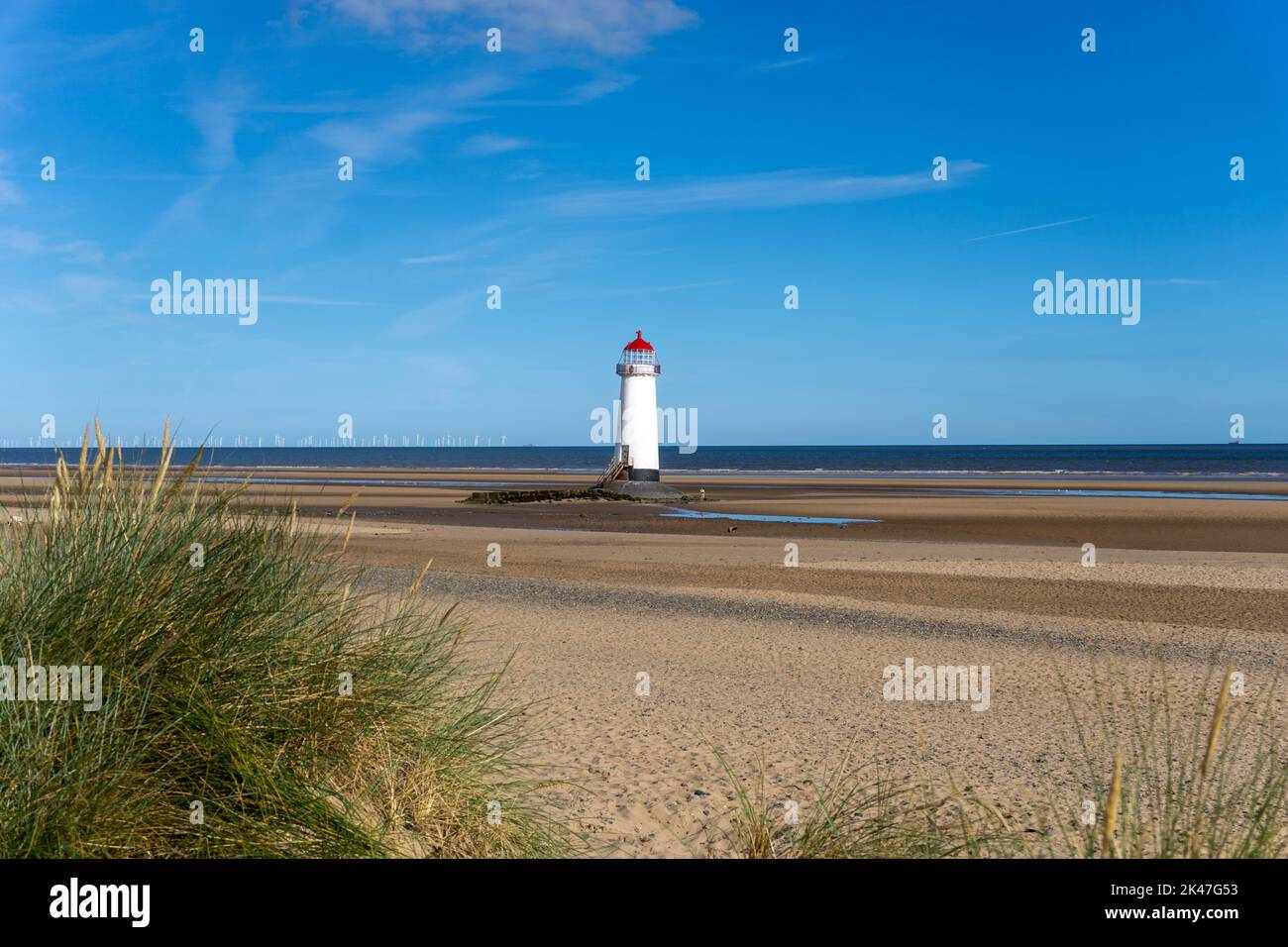 A view of the Point of Ayr Lighthouse and Talacre Beach in northern ...