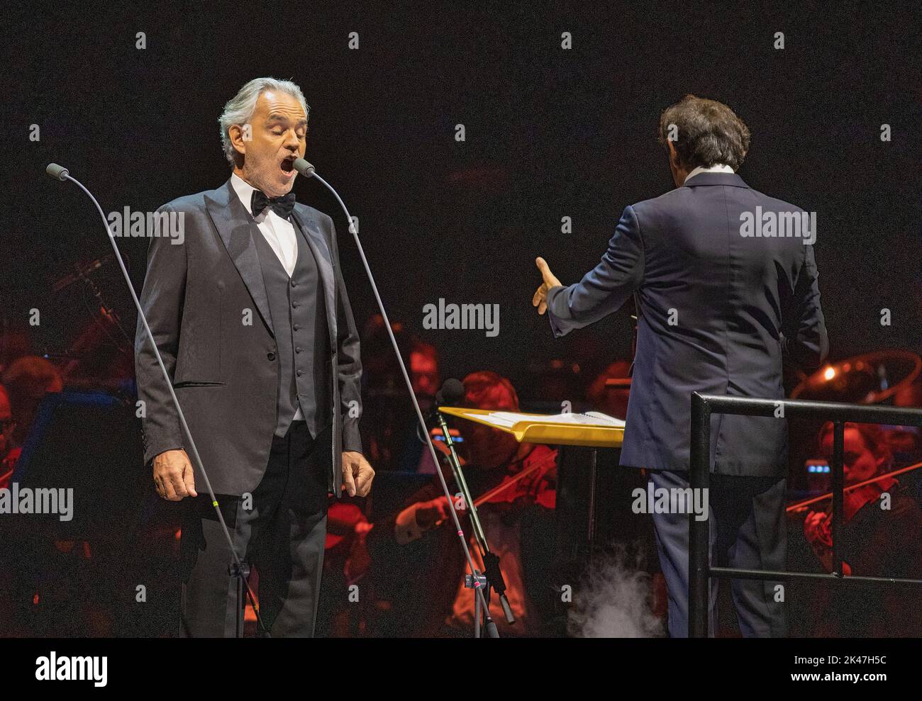 Italian tenor Andrea Bocelli (left) performs at the O2 Arena, Greenwich ...