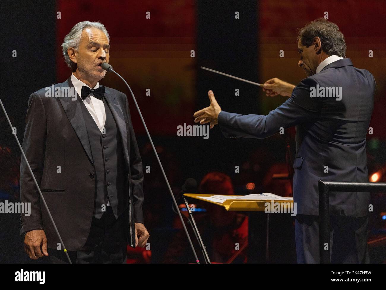 Italian tenor Andrea Bocelli (left) performs at the O2 Arena, Greenwich ...