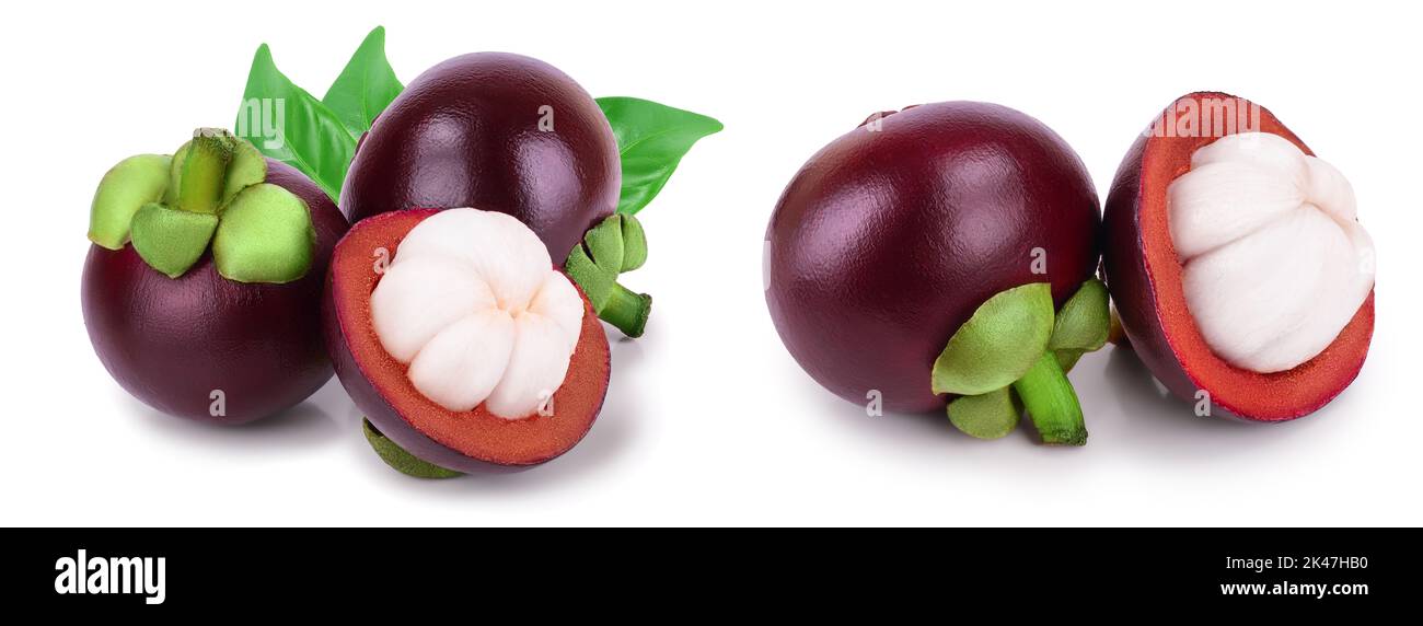 ripe mangosteen with leaf isolated on white background closeup Stock ...