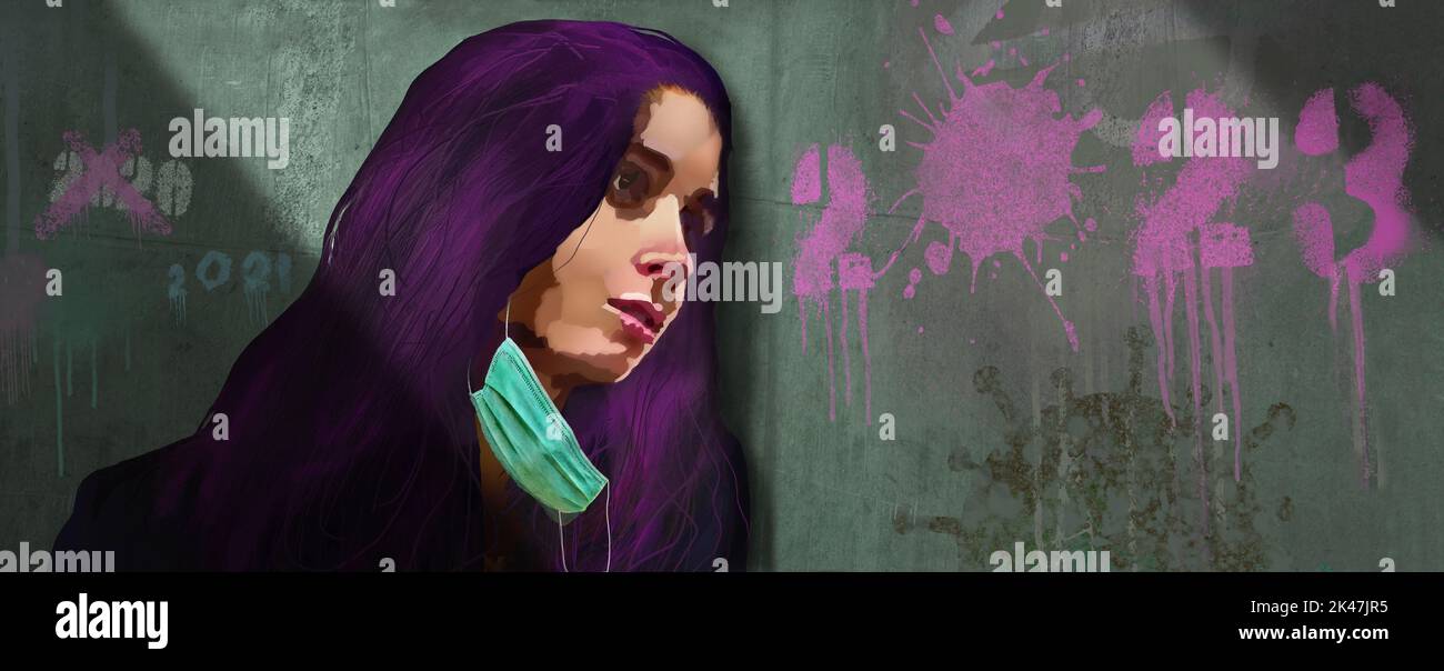 A young woman is seen in an urban setting in front of a concrete wall ...