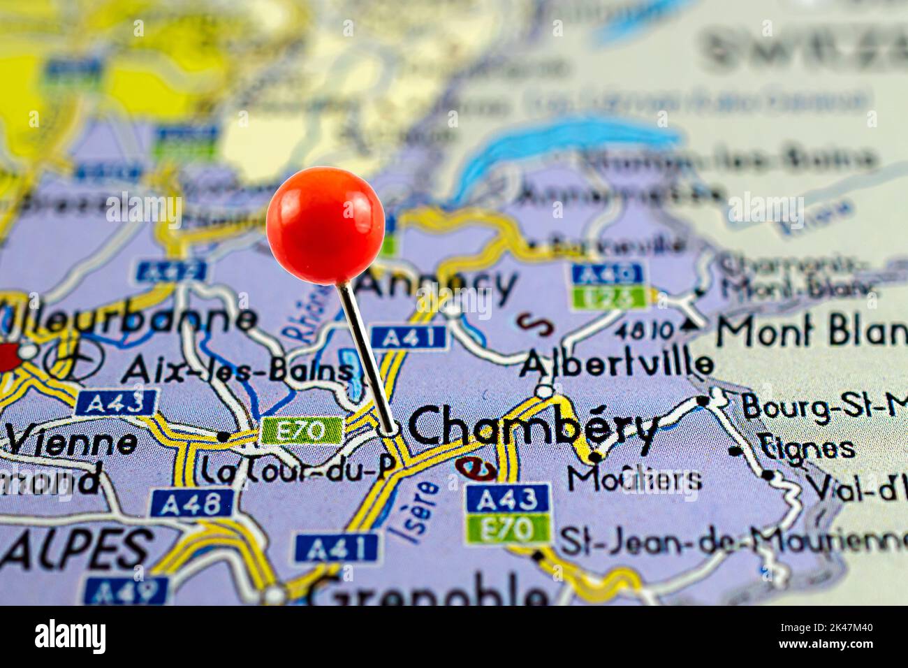 Chambery map. Close up of Chambery map with red pin. Map with red pin ...