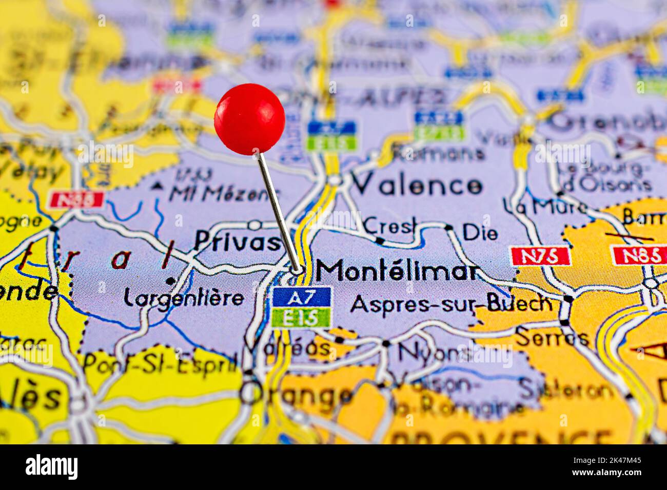 Montélimar map. Close up of Montelimar map with red pin. Map with red ...