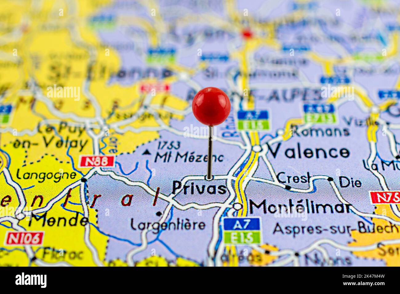 Privas map. Close up of Privas map with red pin. Map with red pin point ...
