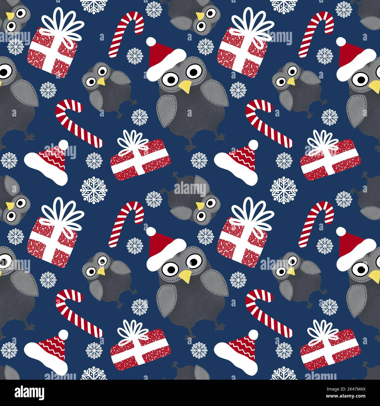 Cartoon owl seamless Christmas gifts box and candy and Santa hat ...