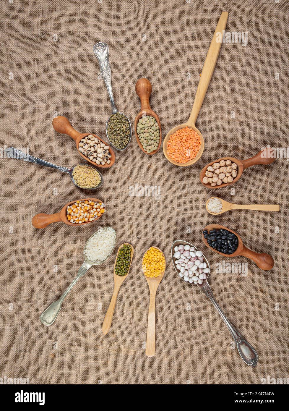 Vegan protein source. Various kinds of legumes, lentils, chickpeas and ...