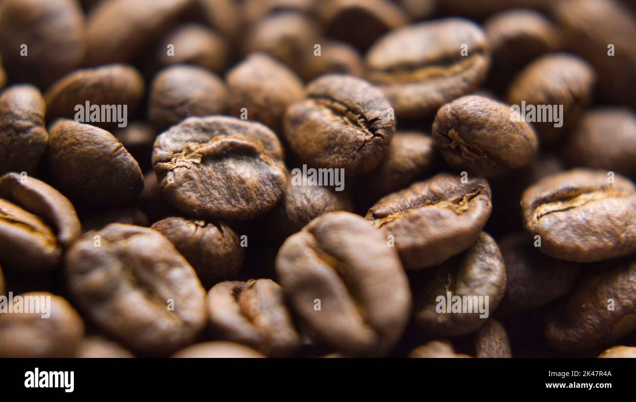 Close up macro coffee beans detailed roasted grains texture bokeh Stock ...