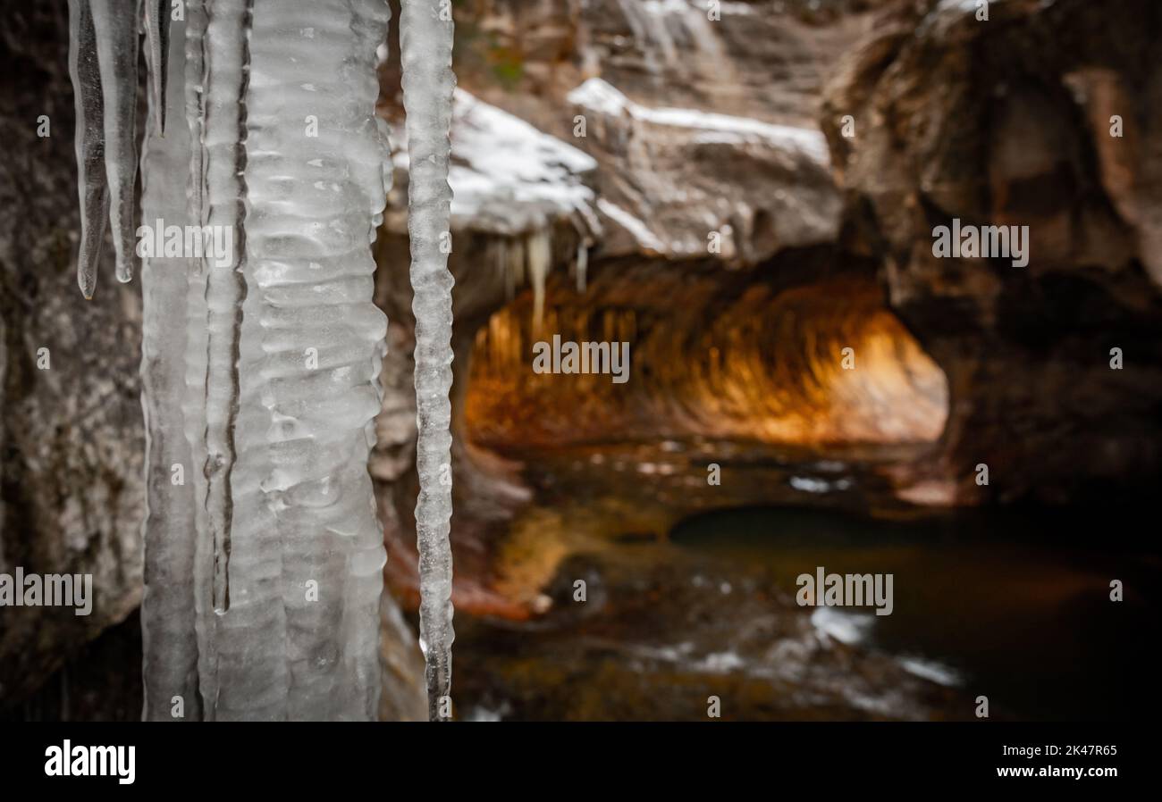 Icicles in Foreground of Subway canyonin Zion National Park Stock Photo ...