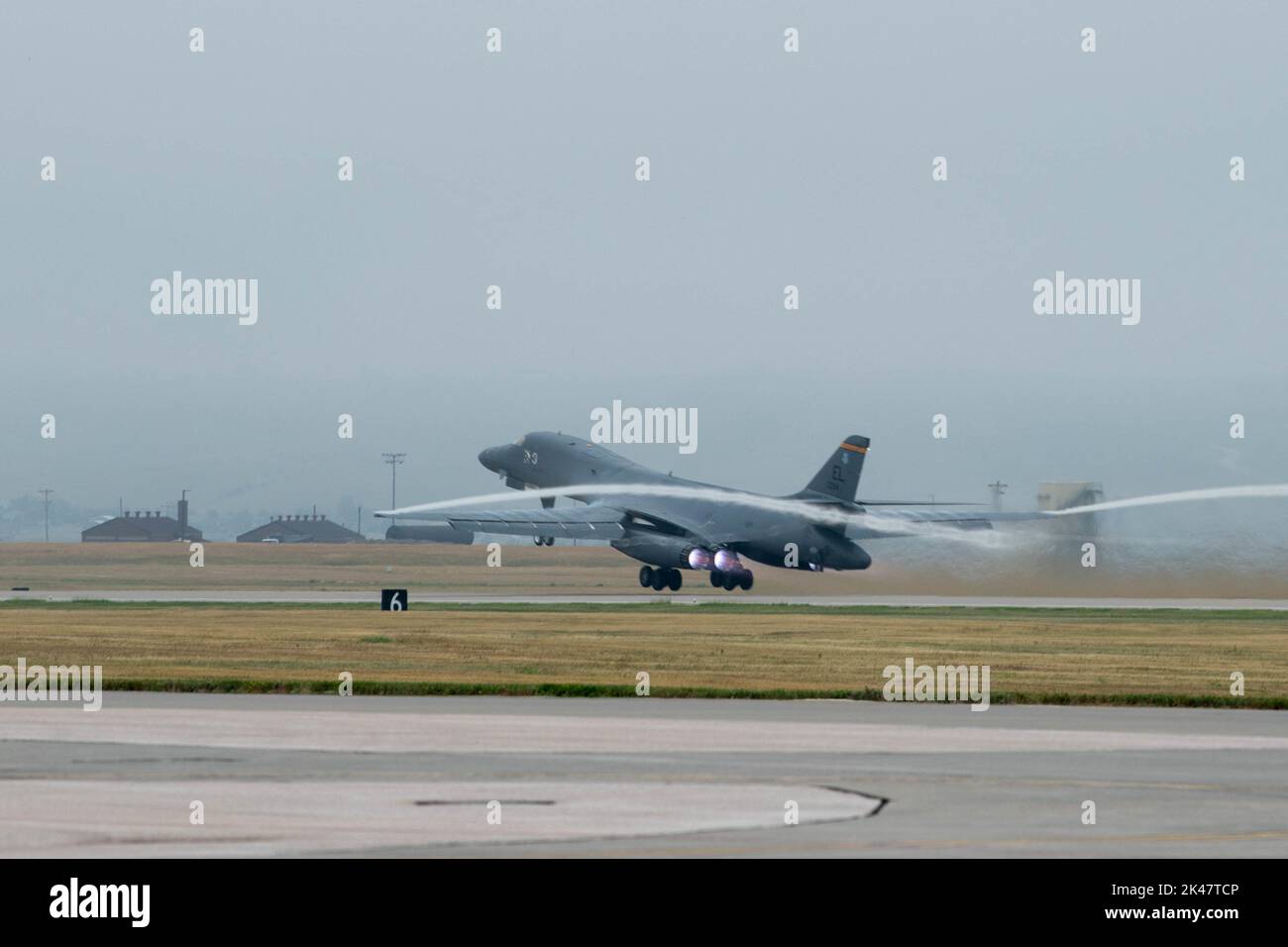 A U.S. Air Force B-1B Lancer assigned to the 37th Bomb Squadron takes ...