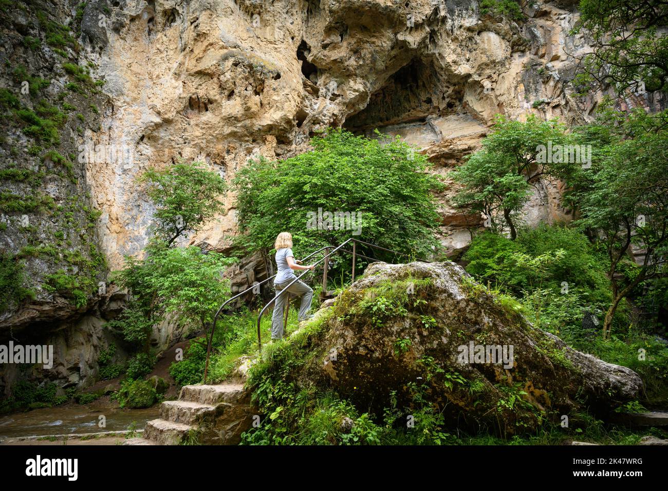 Person walks in gorge, Kislovodsk, Russia. Mountain landscape with ...