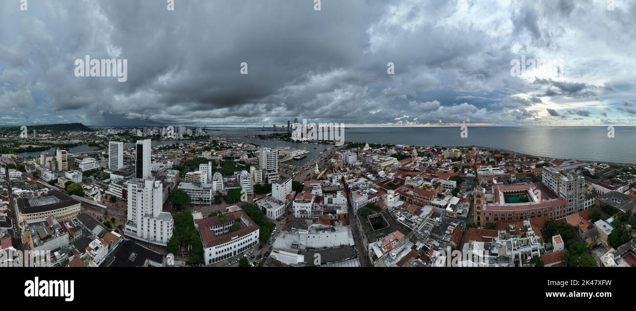 Aerial View of Cartagena, Colombia at Sunset with the old city in the ...