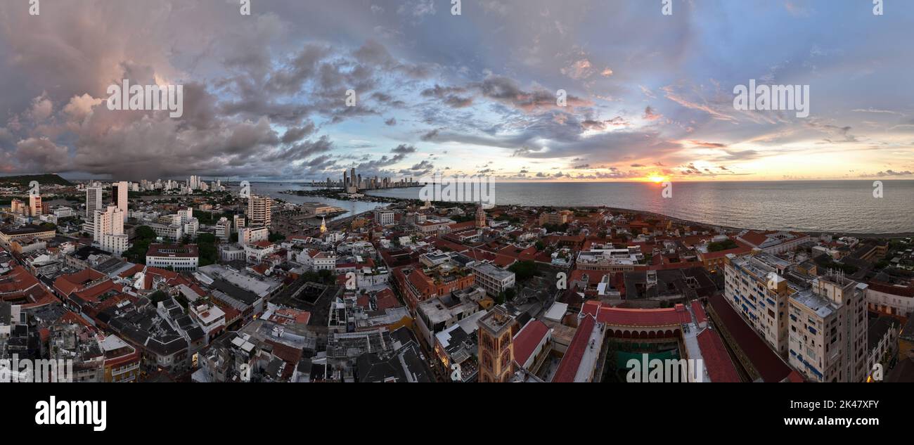 Aerial View of Cartagena, Colombia at Sunset with the old city in the ...