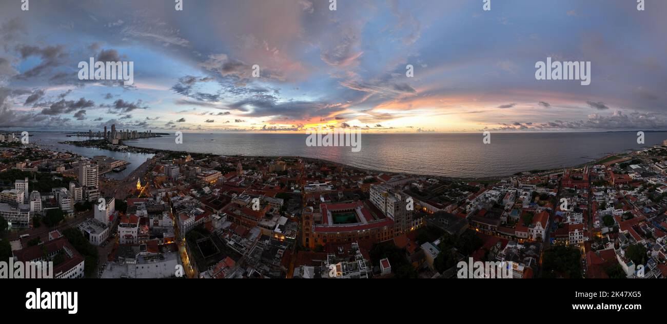 Aerial View of Cartagena, Colombia at Sunset with the old city in the ...
