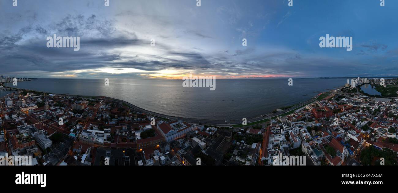 Aerial View of Cartagena, Colombia at Sunset with the old city in the ...