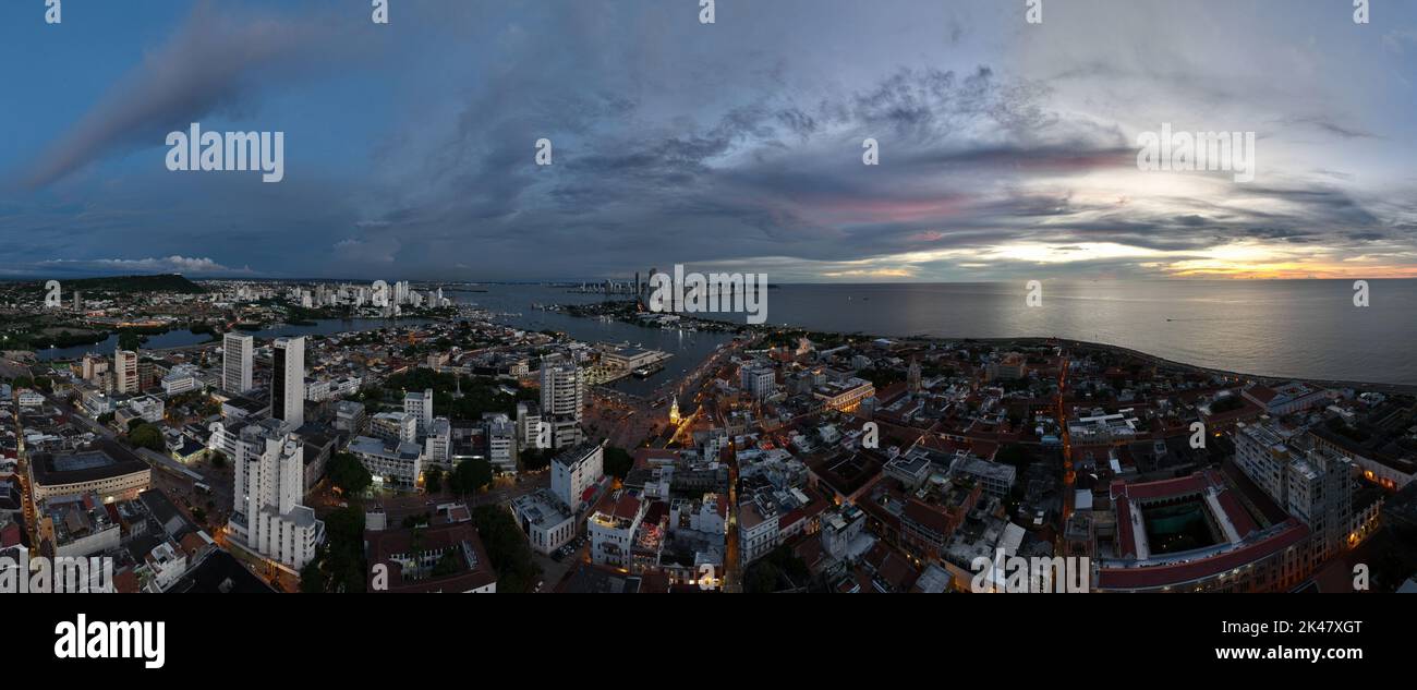 Aerial View of Cartagena, Colombia at Sunset with the old city in the ...