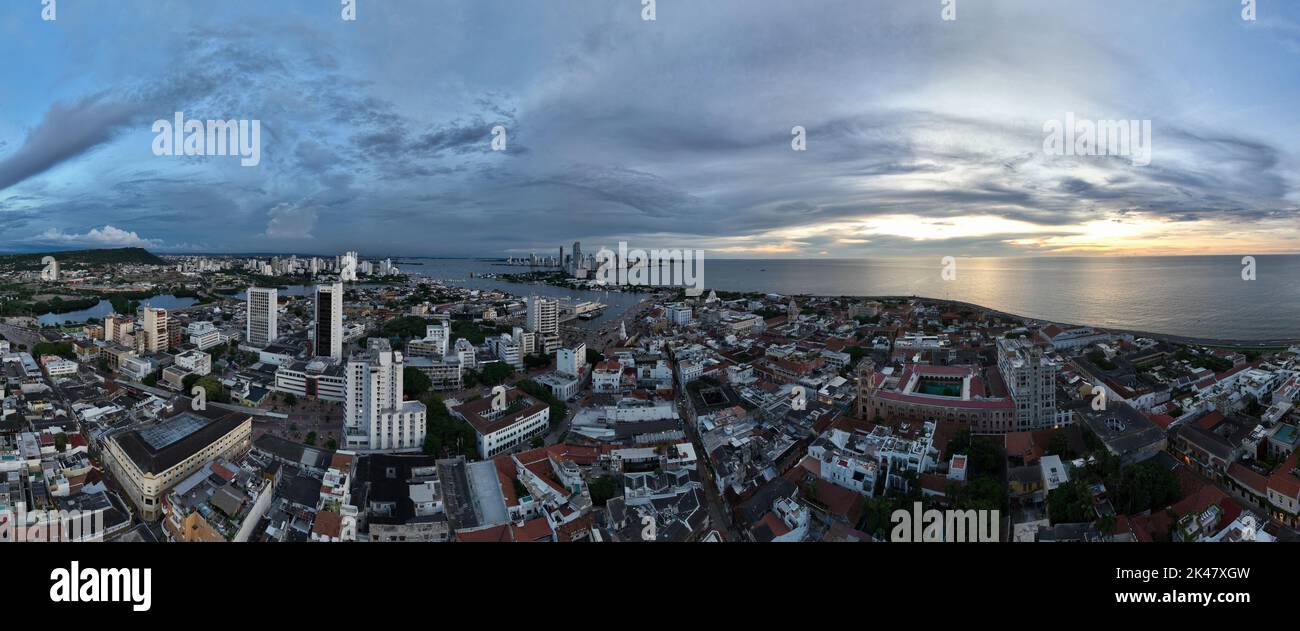 Aerial View of Cartagena, Colombia at Sunset with the old city in the ...