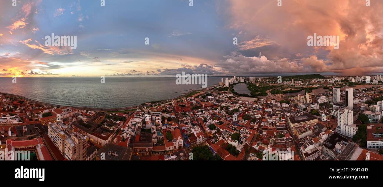 Aerial View of Cartagena, Colombia at Sunset with the old city in the ...