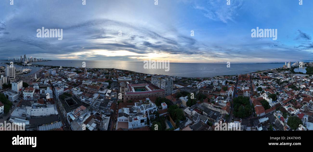 Aerial View of Cartagena, Colombia at Sunset with the old city in the ...
