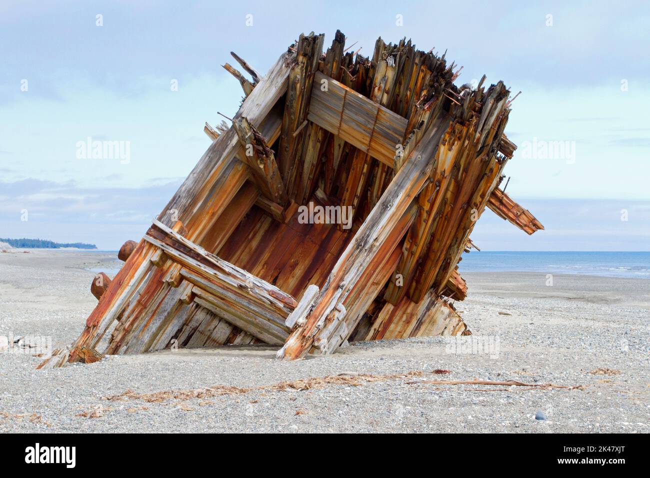 The remaining hull of the Pesuta shipwreck lying in sand north of Tlell ...