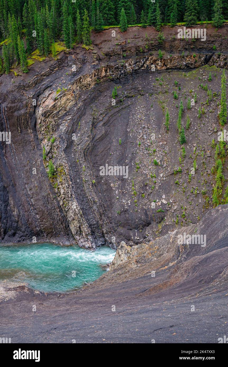 Folded layers of shale and other sedimentary rocks exposed along the ...