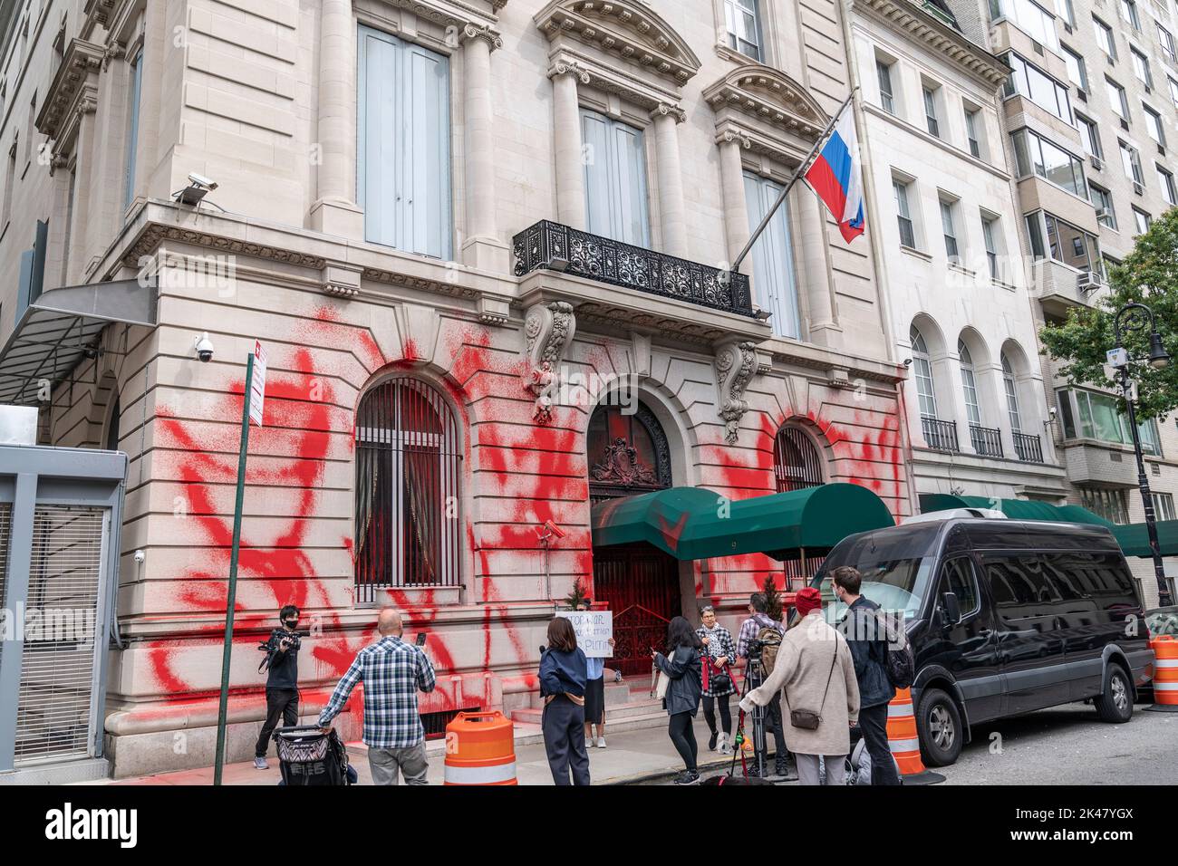 New York, NY - September 30, 2022: View of Russian Consulate in NYC vandalized with red paint ...