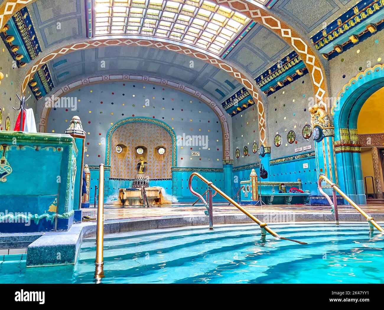 BUDAPEST, HUNGARY - FEB 24, 2022: Interior of Art Nouveau thermal bath ...