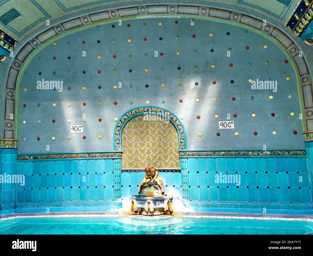 BUDAPEST, HUNGARY - FEB 24, 2022: The richly decorated hall of thermal ...
