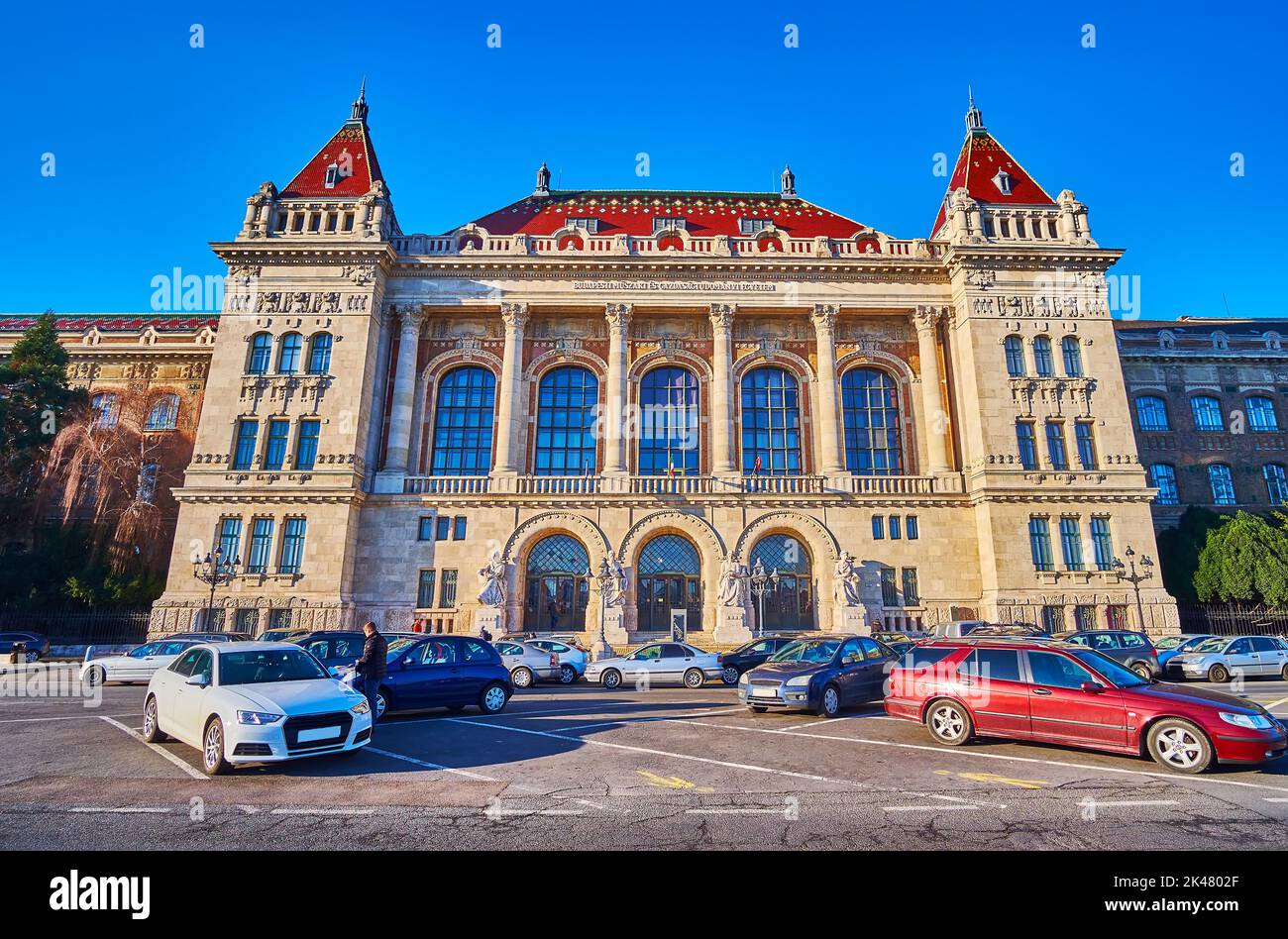 The sculptured stone facade of K building of Technology and Economics ...