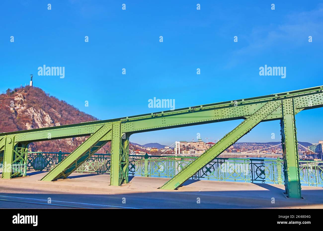 The green Liberty Bridge across Danube River with Elisabeth Bridge and ...
