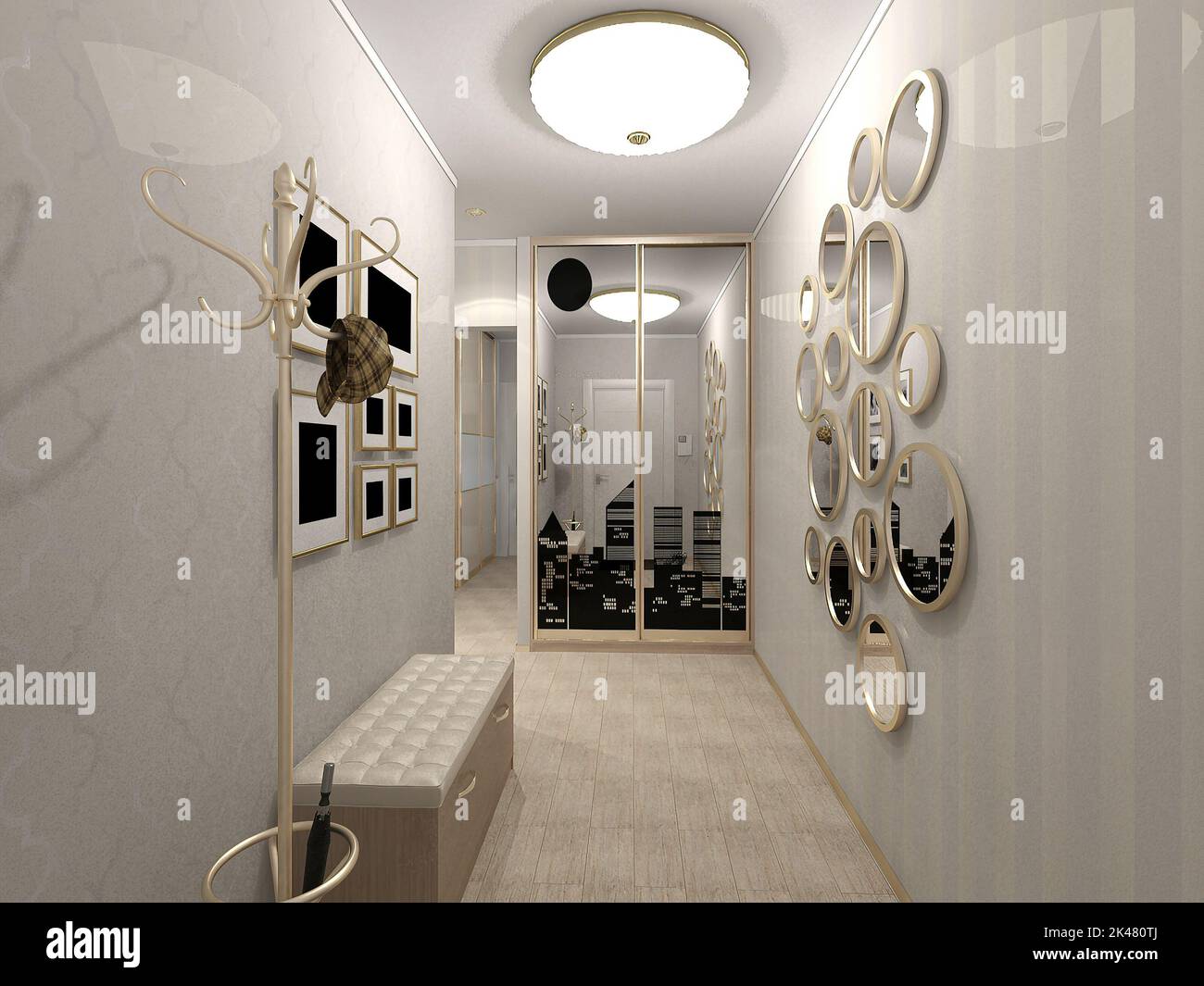3D illustration of the interior design of the hallway. 3D rendering of ...