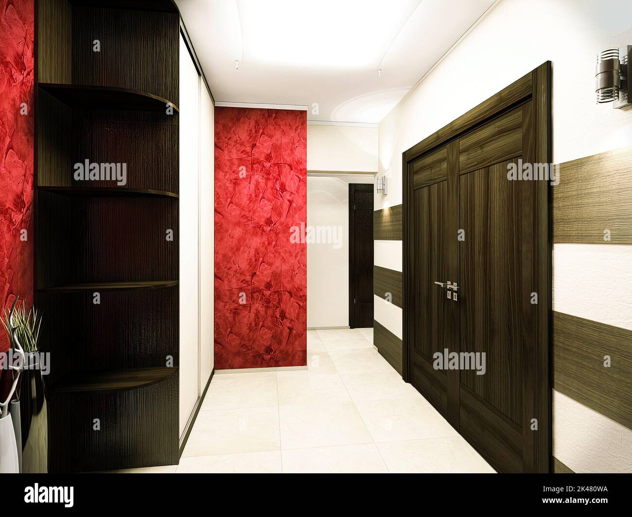 3d illustration interior design of the hall in pink tones. 3D rendering ...