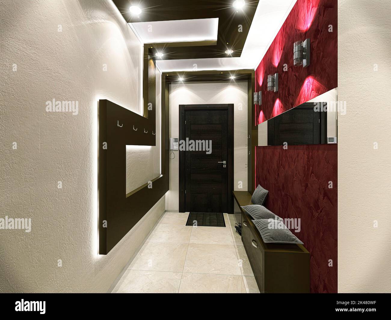 3d illustration interior design of the hall in pink tones. 3D rendering ...