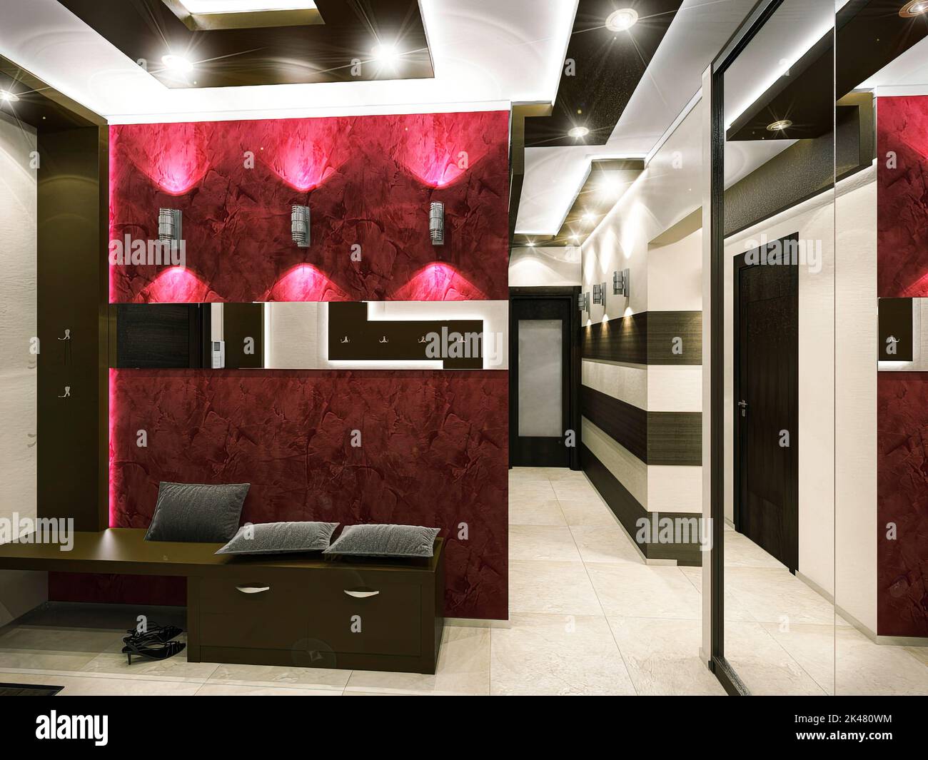 3d illustration interior design of the hall in pink tones. 3D rendering ...