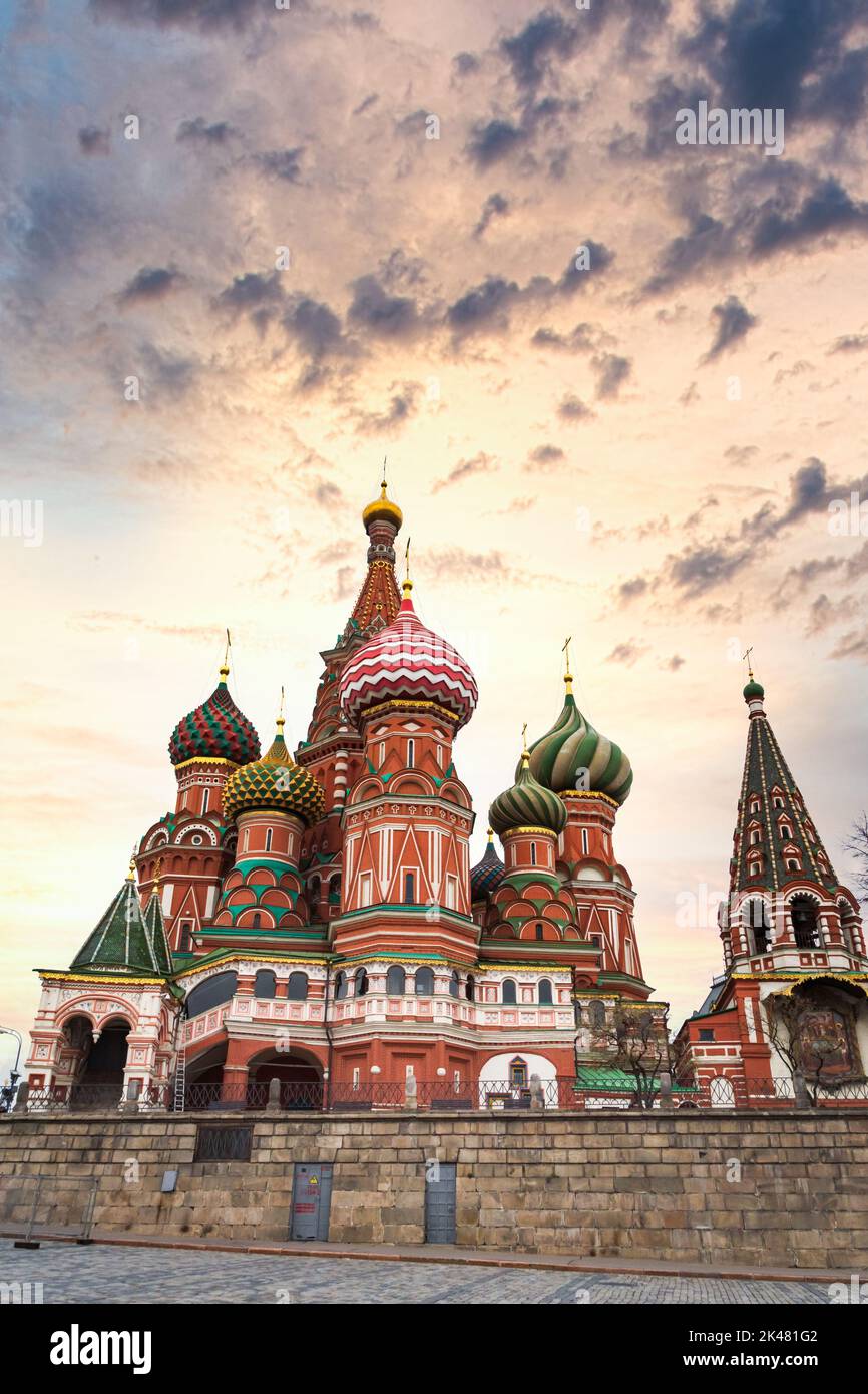 St Basil's Cathedral on Red Square with dramatic sunset sky. St Basil`s ...