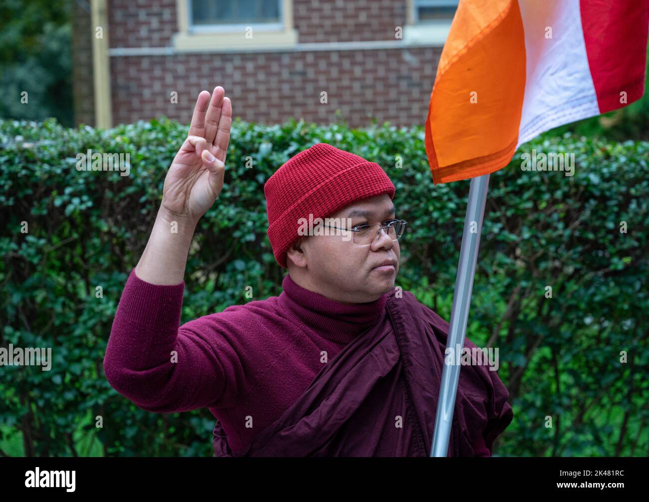 A demonstrator makes a three-finger salute, a pro-democracy hand ...