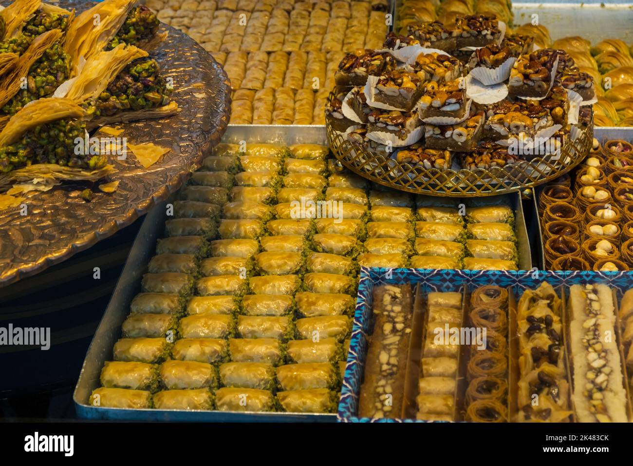 Traditional baklava in turkish dessert shop. Mixed tray baklava Stock ...