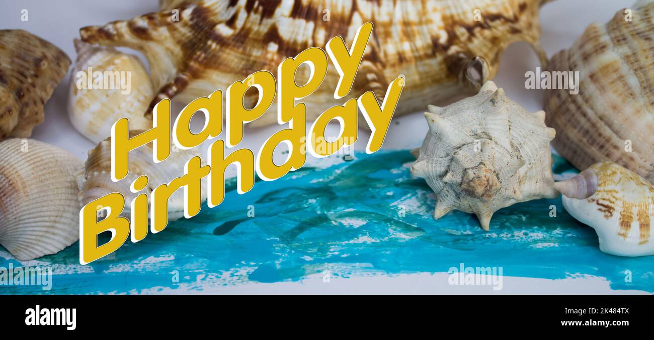 Animal Shell, Summer vacation, marine background with Happy Birthday ...