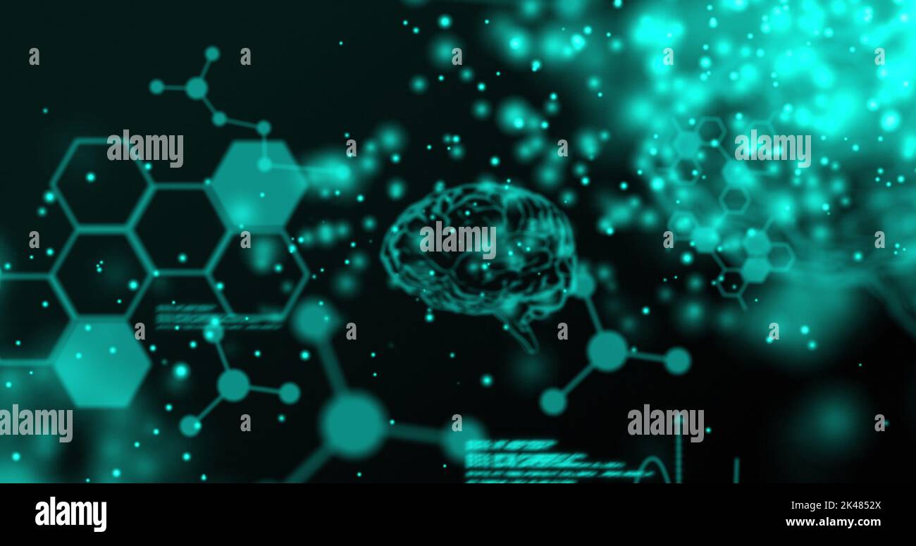 Human brain, chemical structures and data processing against black ...