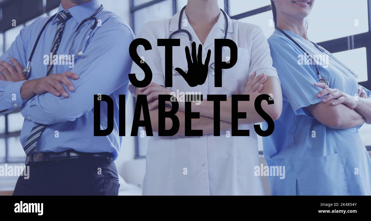 Image of stop diabetes text logo over diverse group of male and female ...