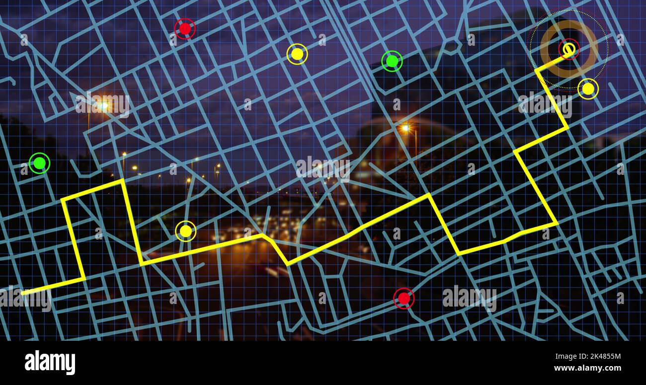 Navigation map line scheme against aerial view of night city traffic ...