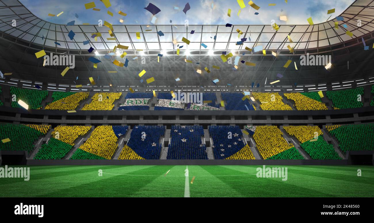 Image of flag of brazil over confetti on stadium. Global sport ...
