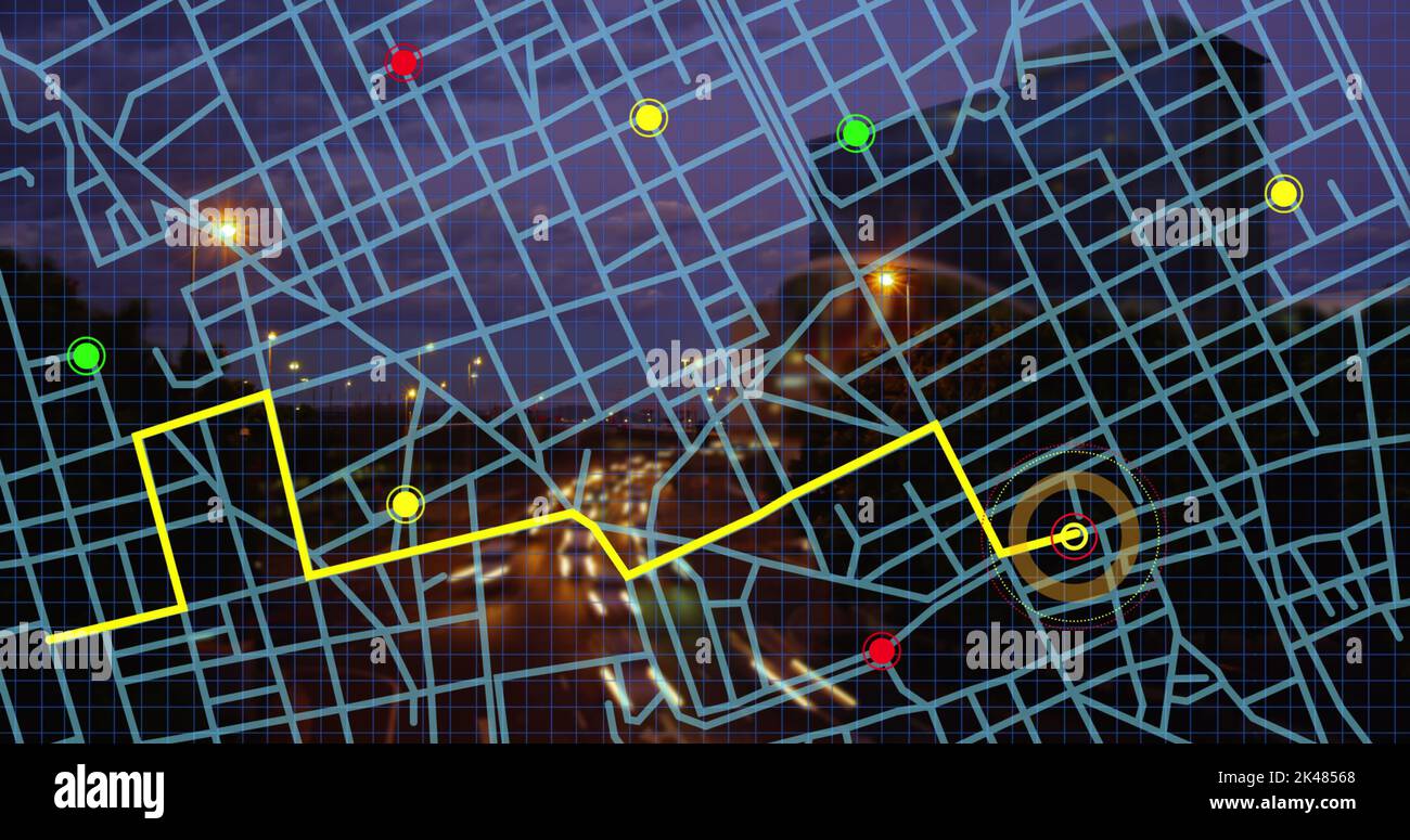 Navigation map line scheme against aerial view of night city traffic ...