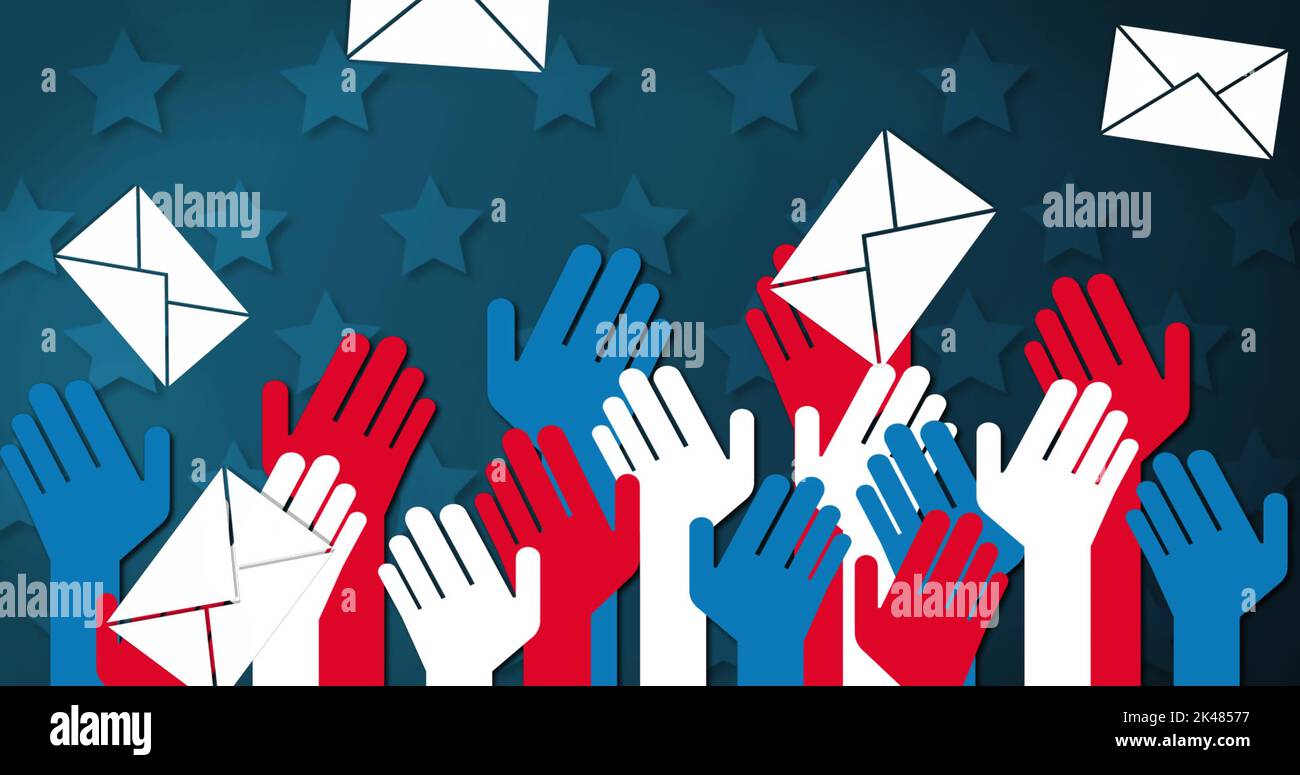 Image of red, white and blue cutout hands with American flag and ...
