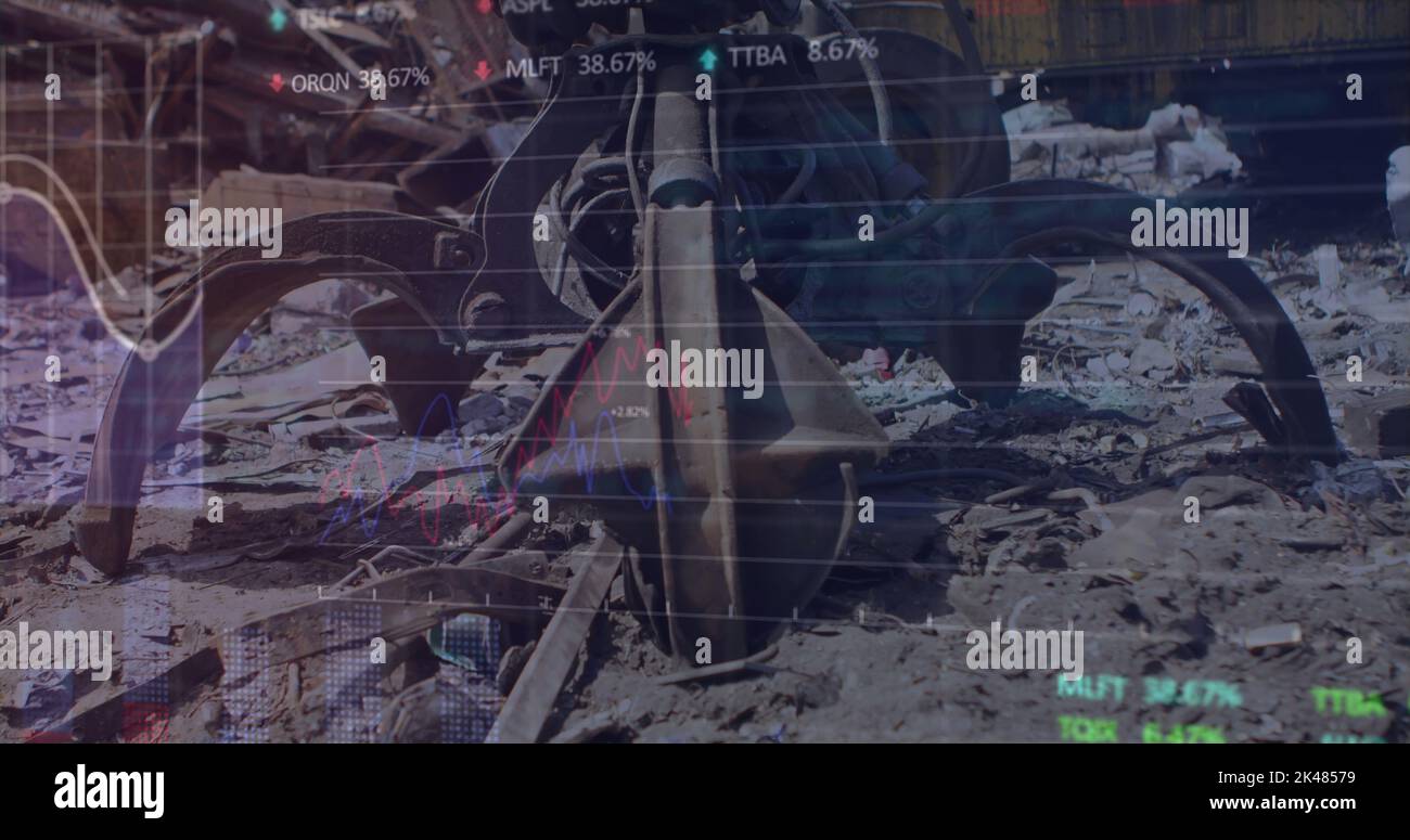Image of stock market data processing over magnetic crane operating at ...