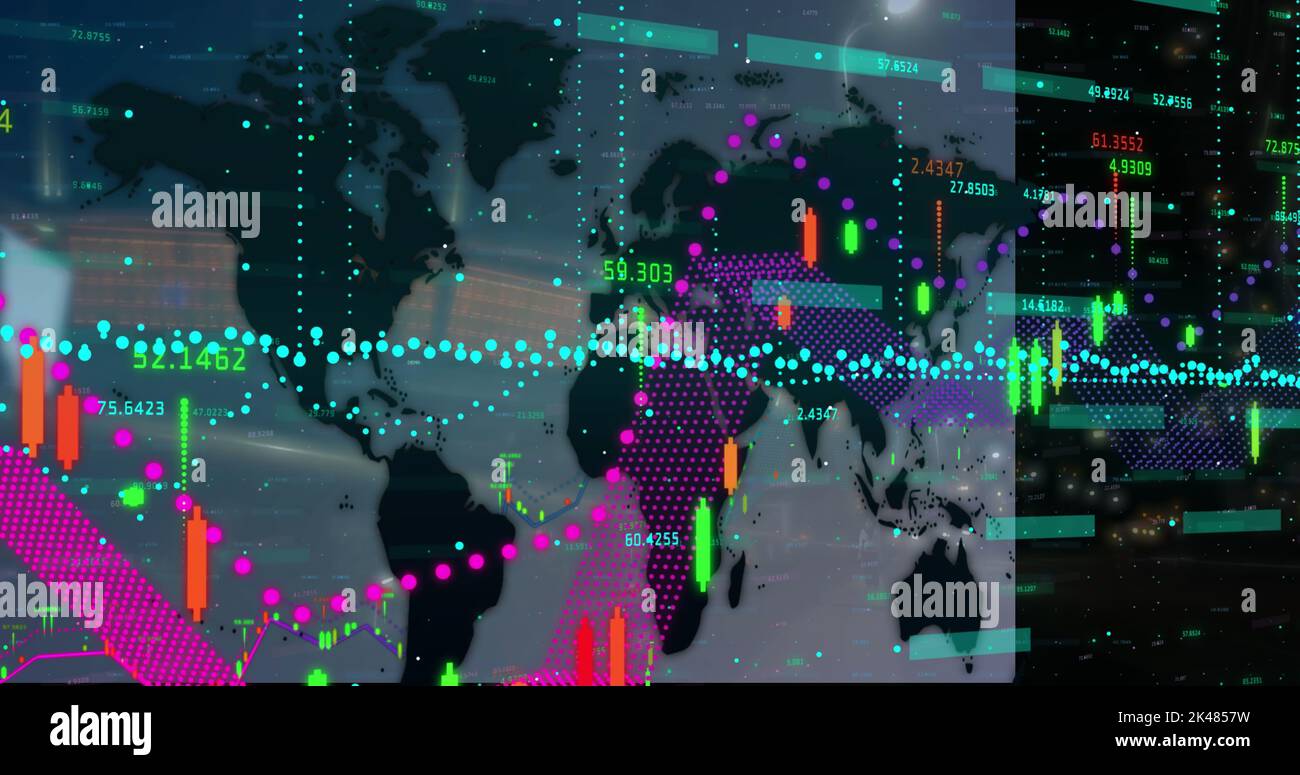 Financial data processing over world map against night city traffic ...