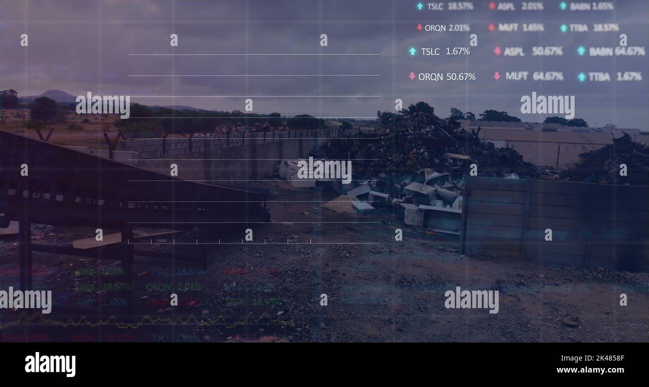 Image of stock market data processing over aerial view of scrap at ...